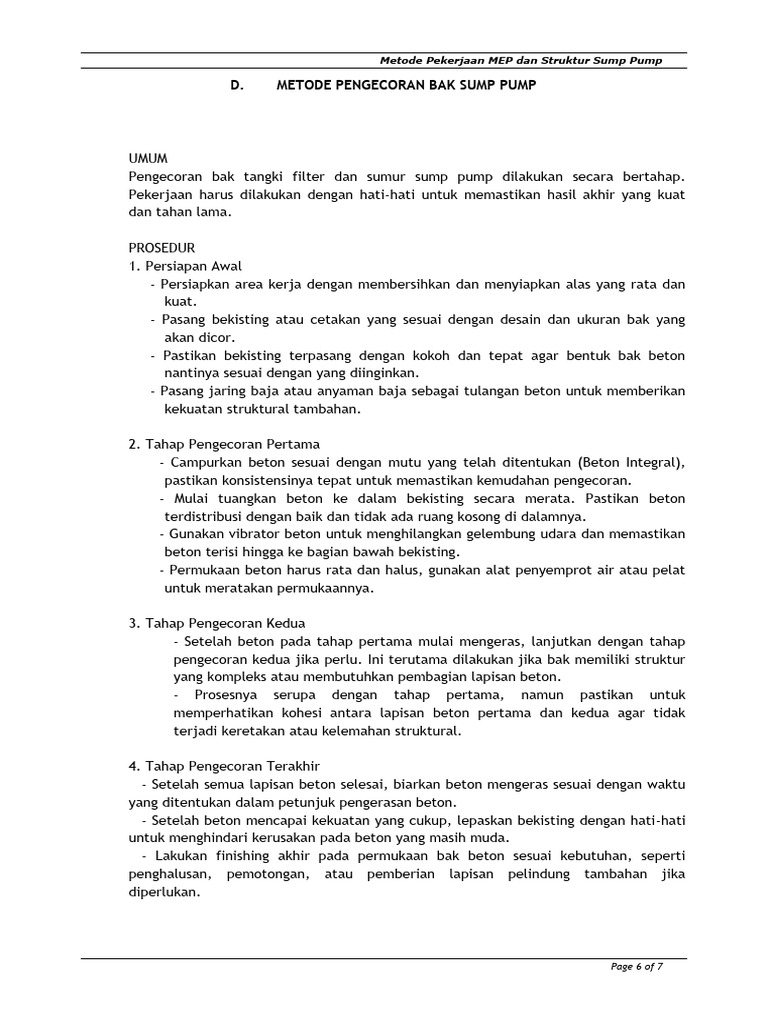 Metode Pekerjaan Pengecoran Sump Pump | PDF