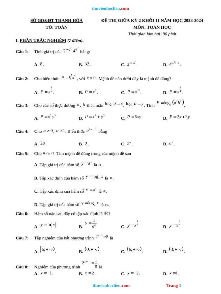 De Thi Giua HK2 Toan 11 Tham Khao So GD Thanh Hoa 23 24 | PDF