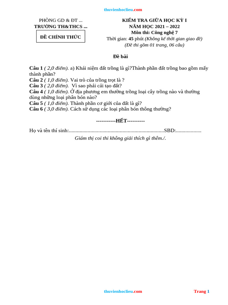 De KT Giua HK1 Cong Nghe 7 Co Dap An | PDF