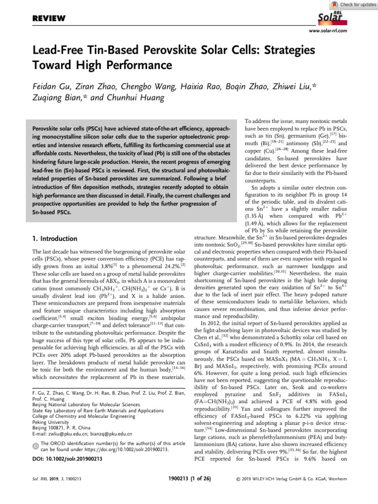 Solar RRL - 2019 - Gu - Lead Free Tin Based Perovskite Solar Cells ...
