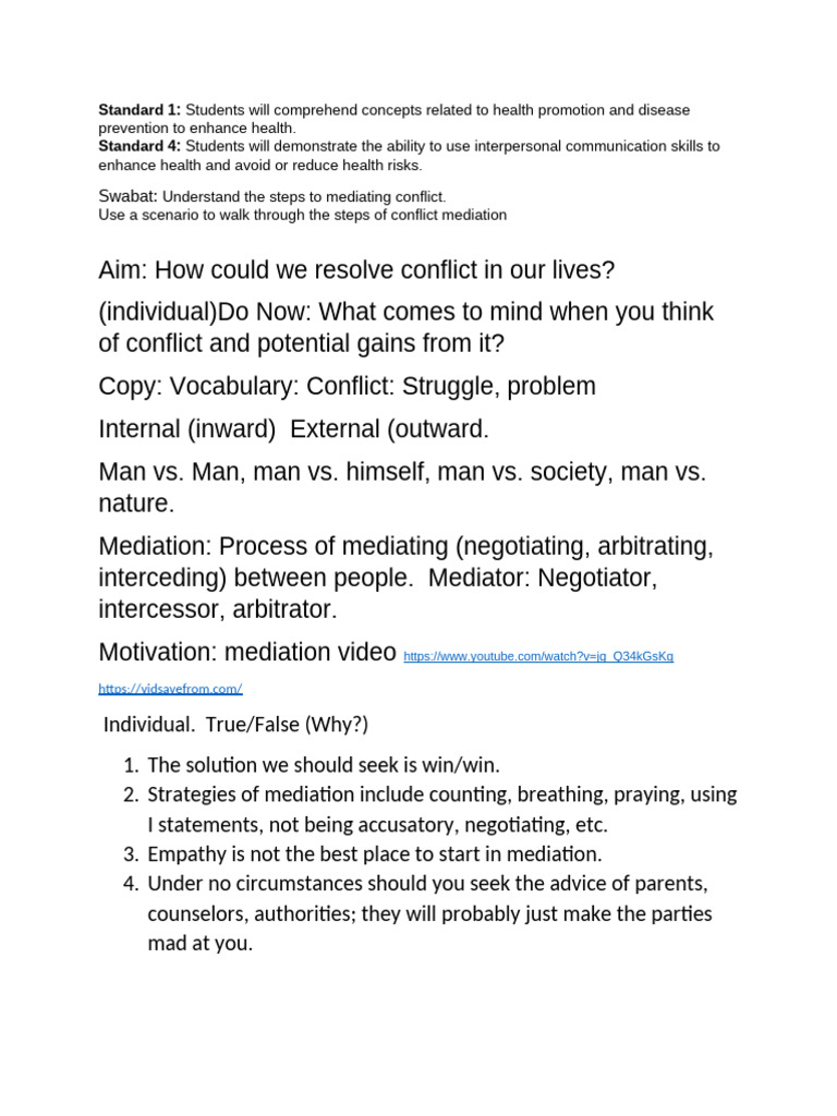Health Lesson Mediation of Conflict | PDF | Mediation | Communication
