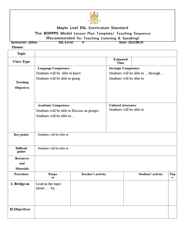 9. BOPPPS 教案模板 | PDF