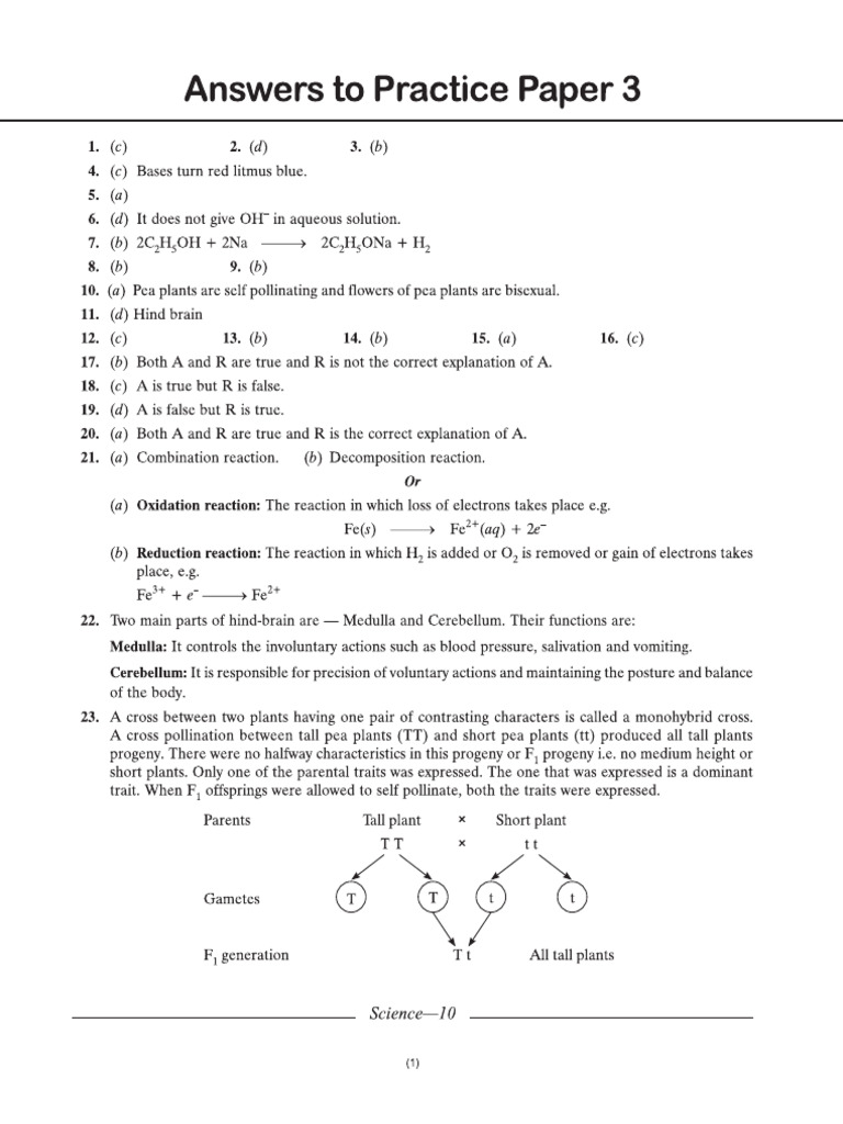 Cbse cl10 Together Science Answers To Practice Paper 3 | PDF