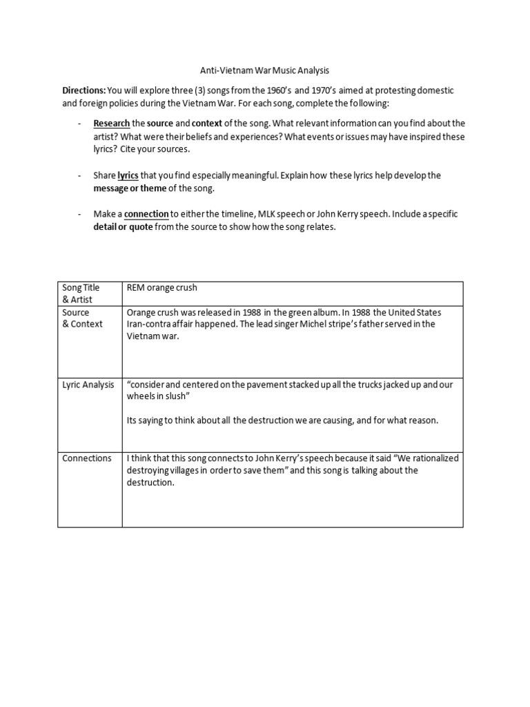 Anti-Vietnam War Music Analysis | PDF