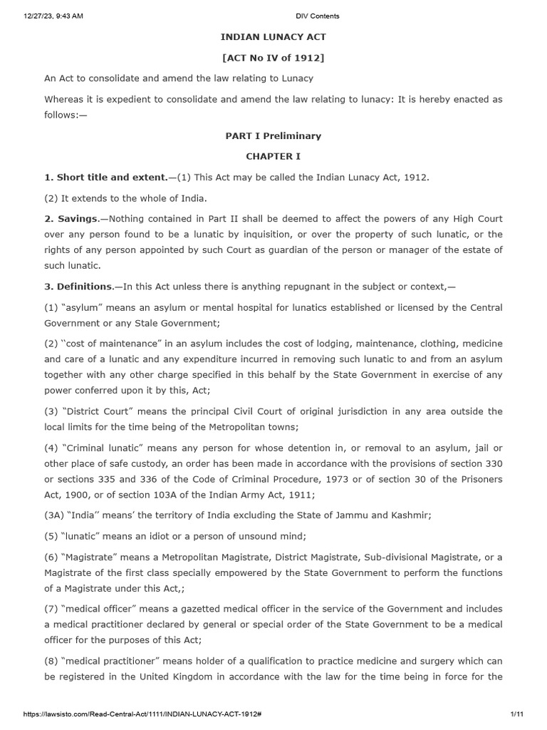 Indian Lunacy Act 1912 Overview | PDF | Psychiatric Hospital ...