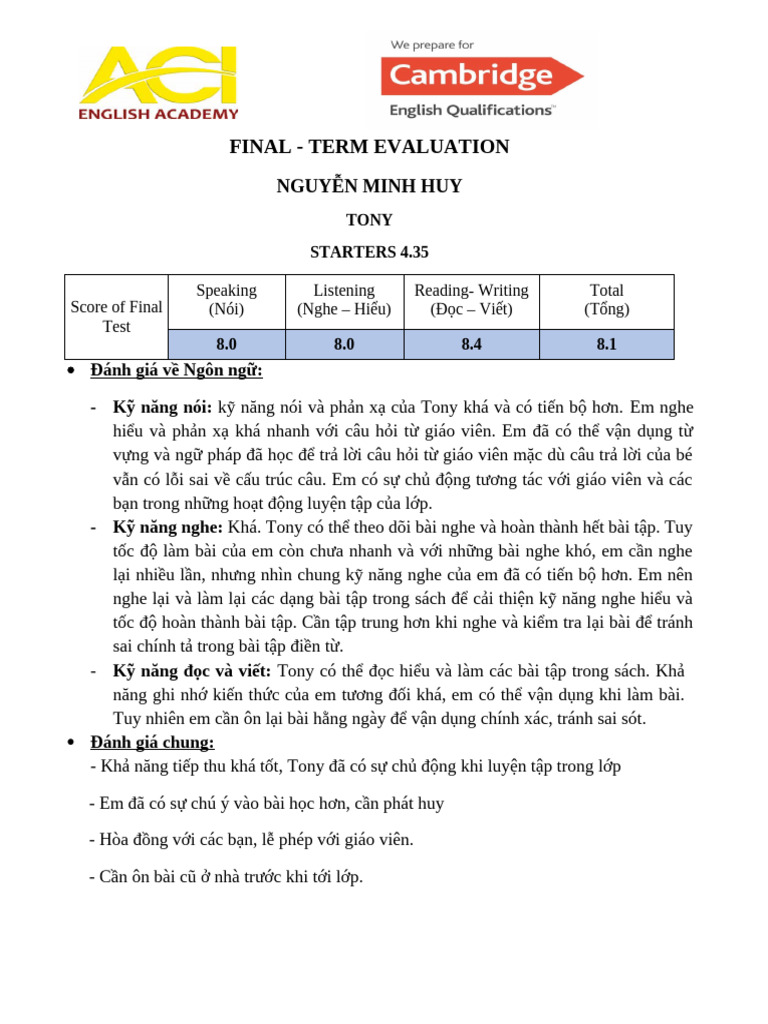 Final Evaluation Starters 4.35 | PDF