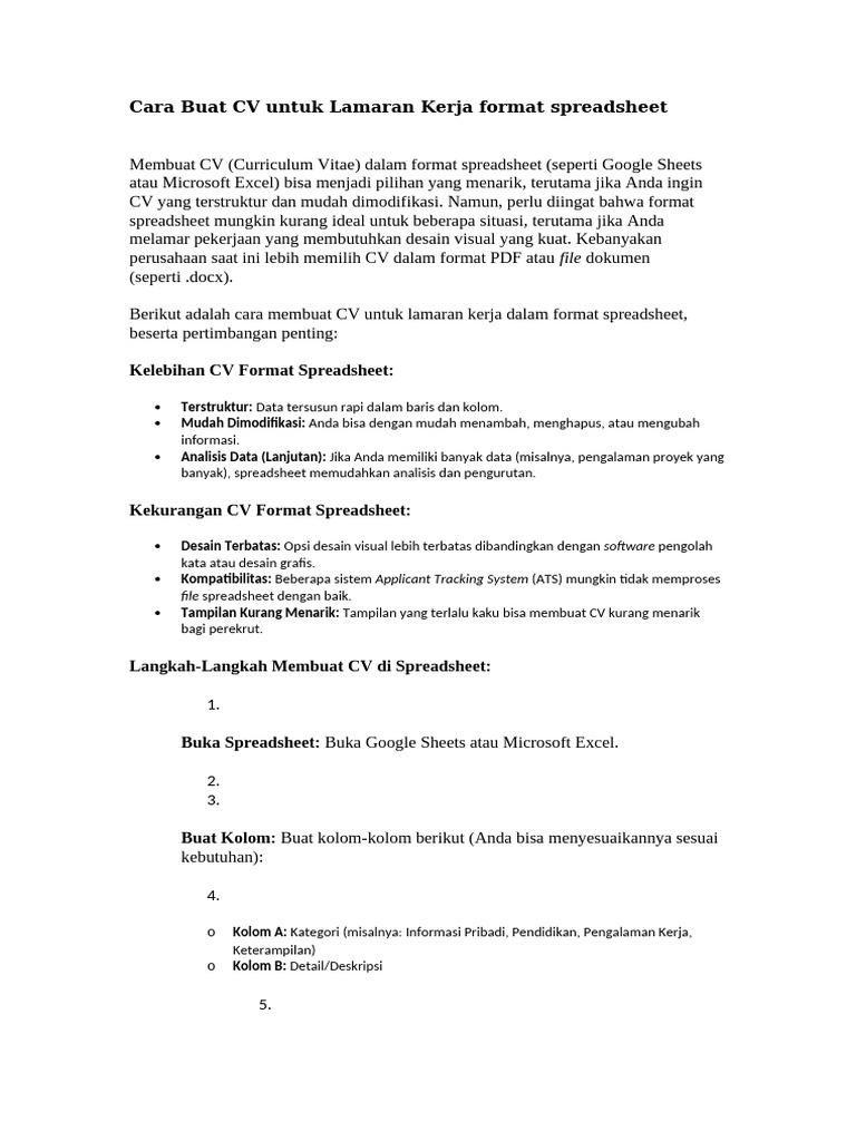 Cara Buat CV Untuk Lamaran Kerja Format Spreadsheet | PDF
