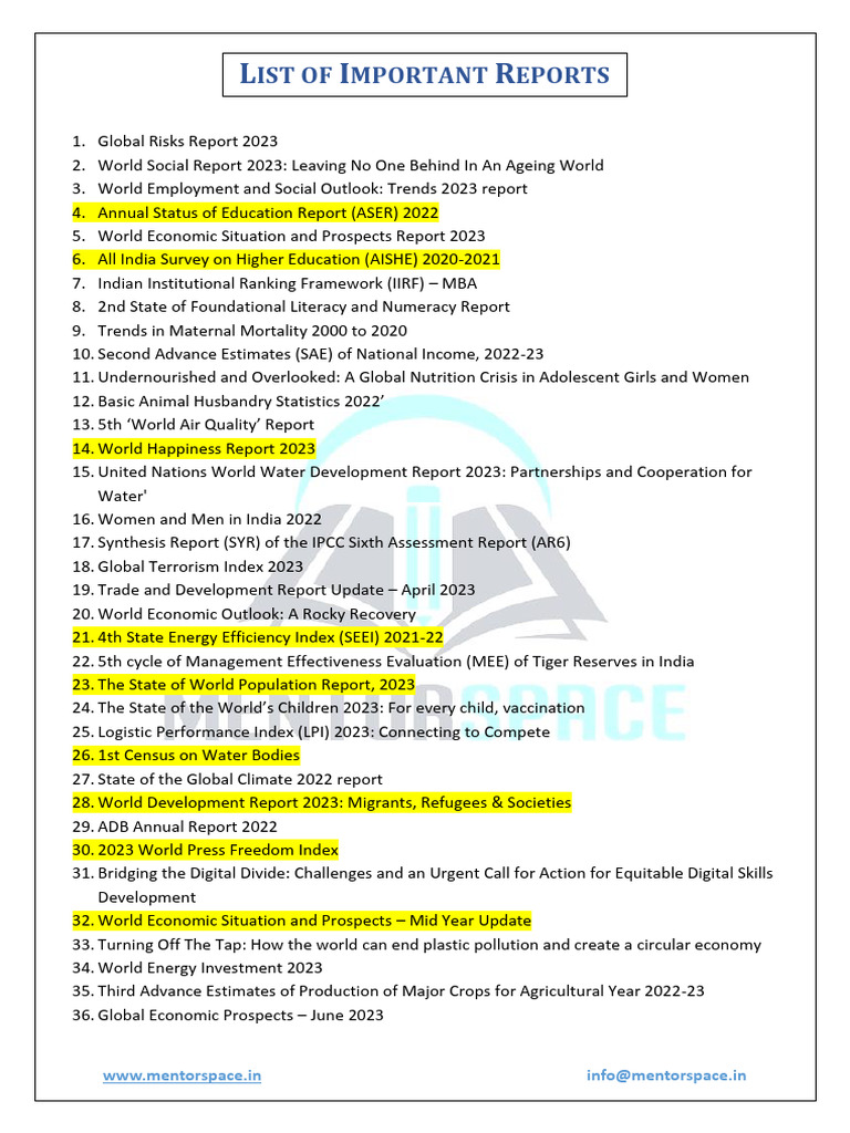 2. List of Important Reports | PDF | Economies