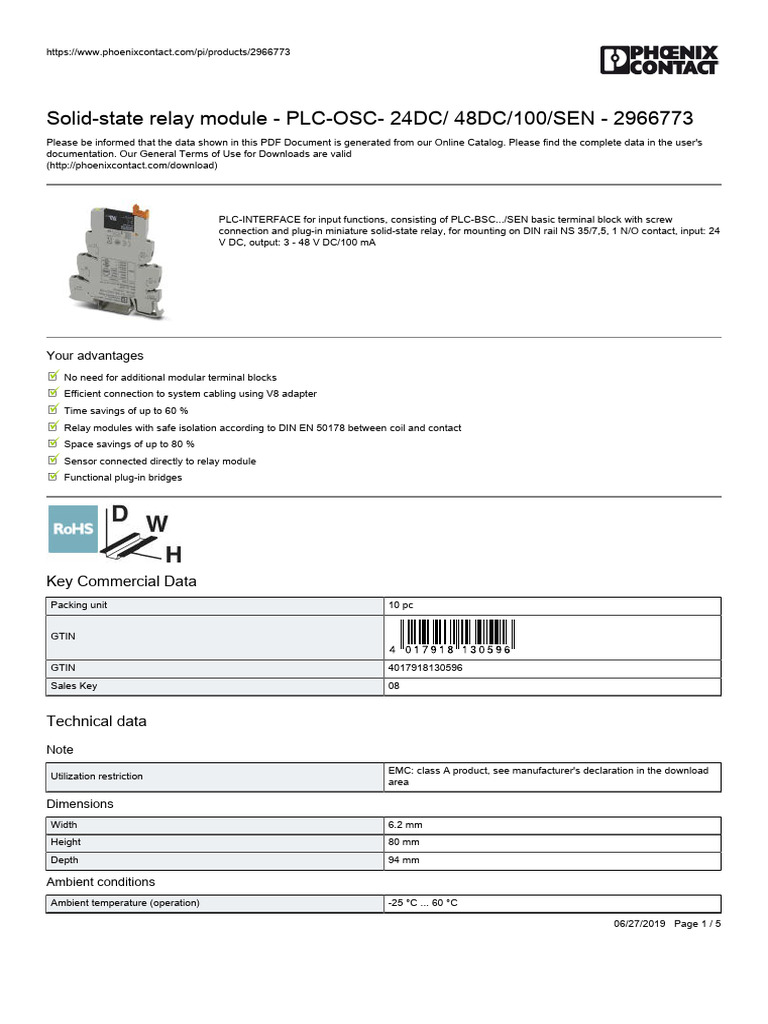 Solid-State Relay Module - PLC-OSC-24DC/ 48DC/100/SEN - 2966773 | PDF ...