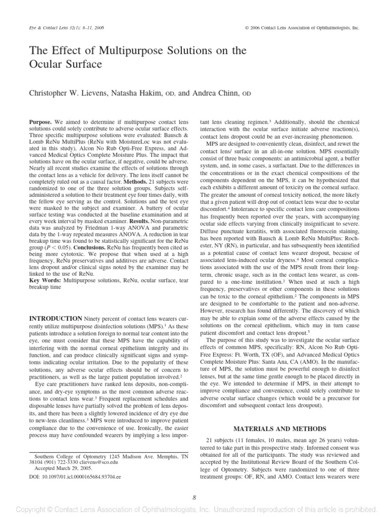 The Effect of Multipurpose Solutions On The Ocular Surface: Christopher ...