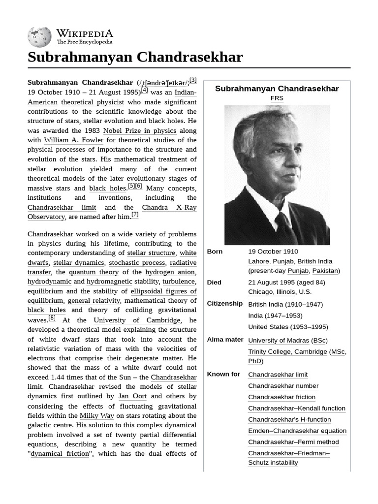 Subrahmanyan Chandrasekhar: A Legacy in Physics | PDF | Physics ...
