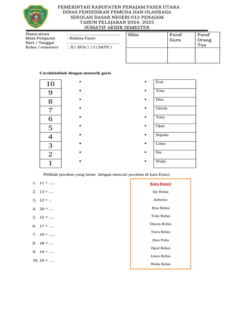Soal Bahasa Paser Kelas 2 SD | PDF