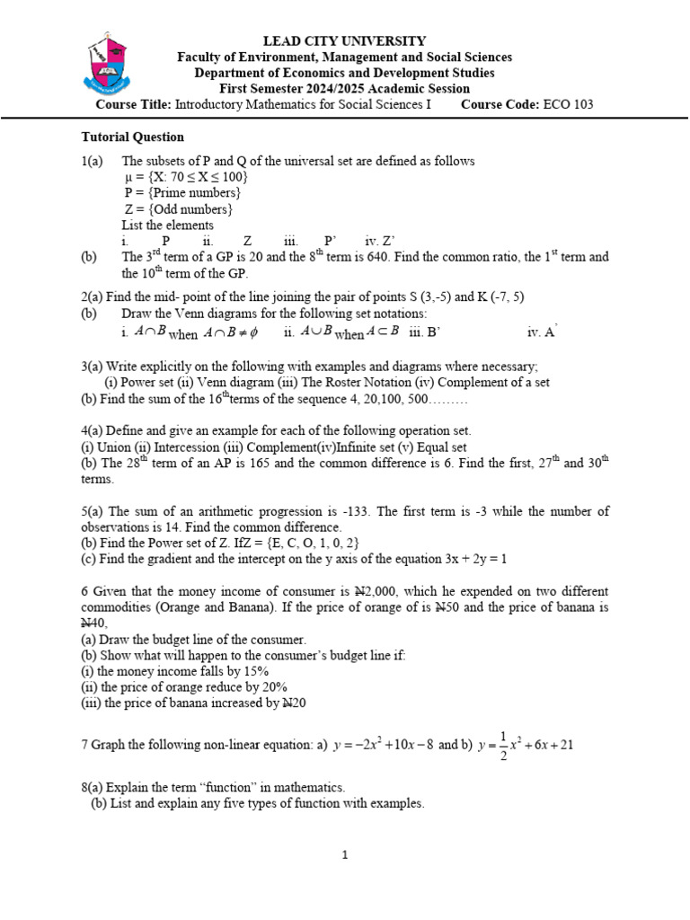 2024-25 - ECO 102 Tutorial Question | PDF | Mathematical Analysis ...