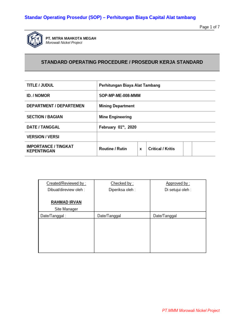 SOP-MP-ME-08-MMM_Perhitungan_Capital_Alat | PDF SOP-MP-ME-08-MMM_Perhitungan_Capital_Alat | PDF