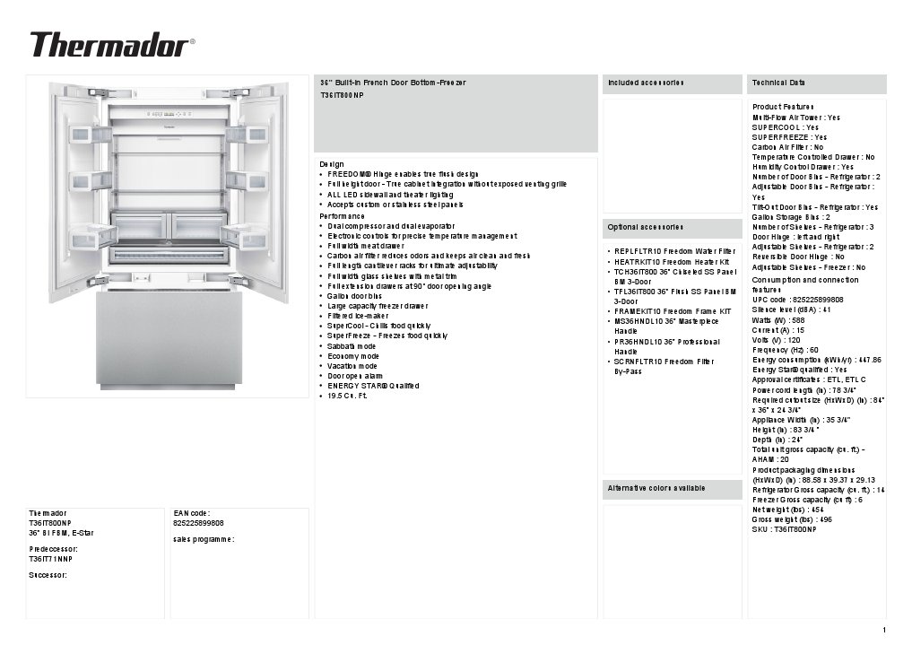 Thermador T36IT800NP Refrigeration Specifications | PDF