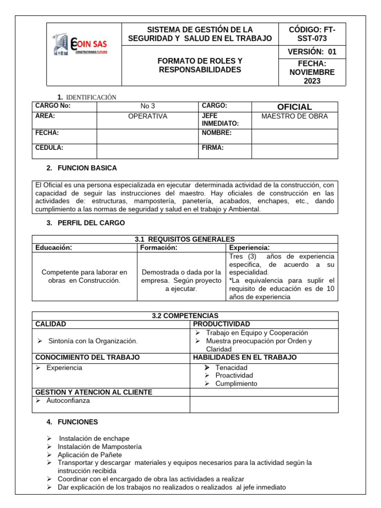 FT-SST-073 FORMATO PERFIL DE CARGO OFICIAL (1) (1) | PDF | Business