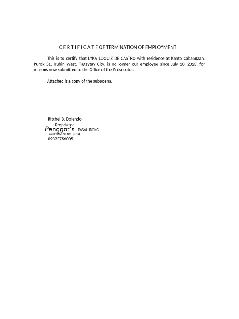 Termination Certificate | PDF