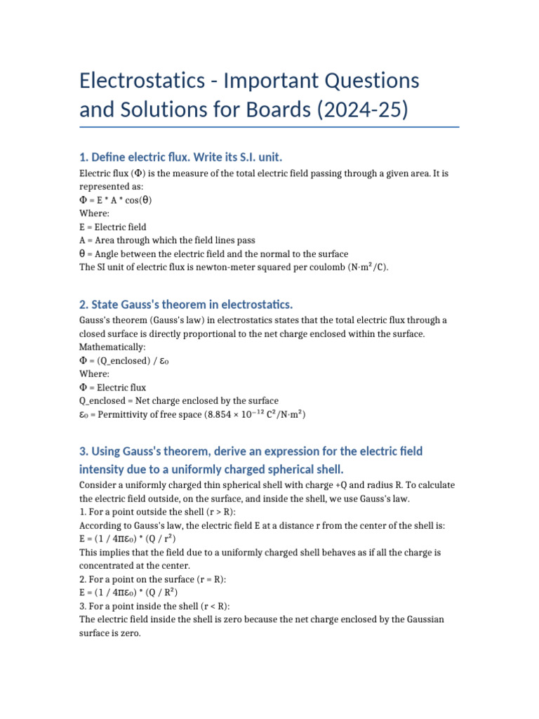 boards imp qns | PDF | Electric Field | Electrostatics