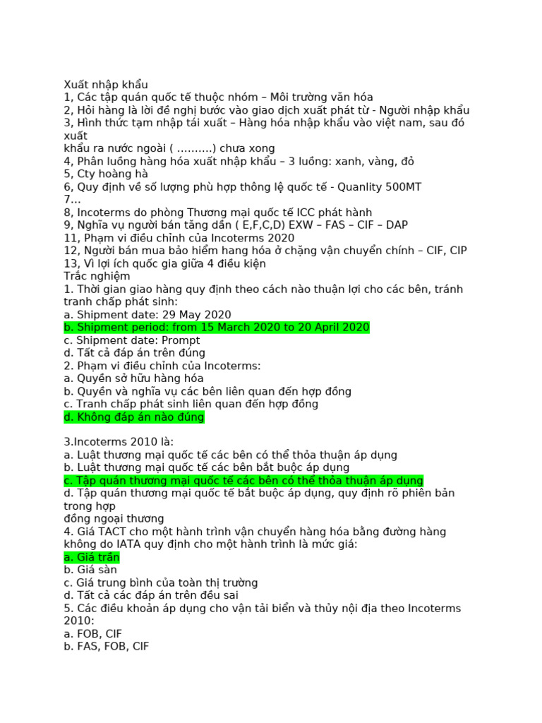 Trắc Nghiệm XNK 1 | PDF