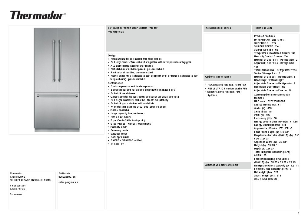 Thermador T36BT820NS Refrigeration Specifications | PDF