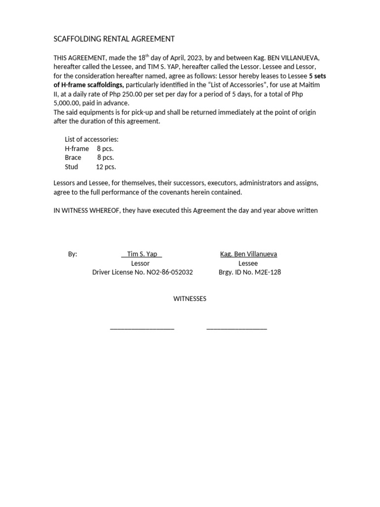 Scaffolding Rental Agreement Template | PDF
