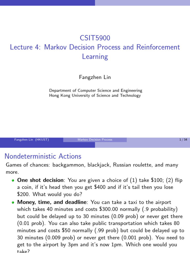 AI Lec4 MarkovDecisionProcess&RL | PDF | Applied Mathematics | Algorithms