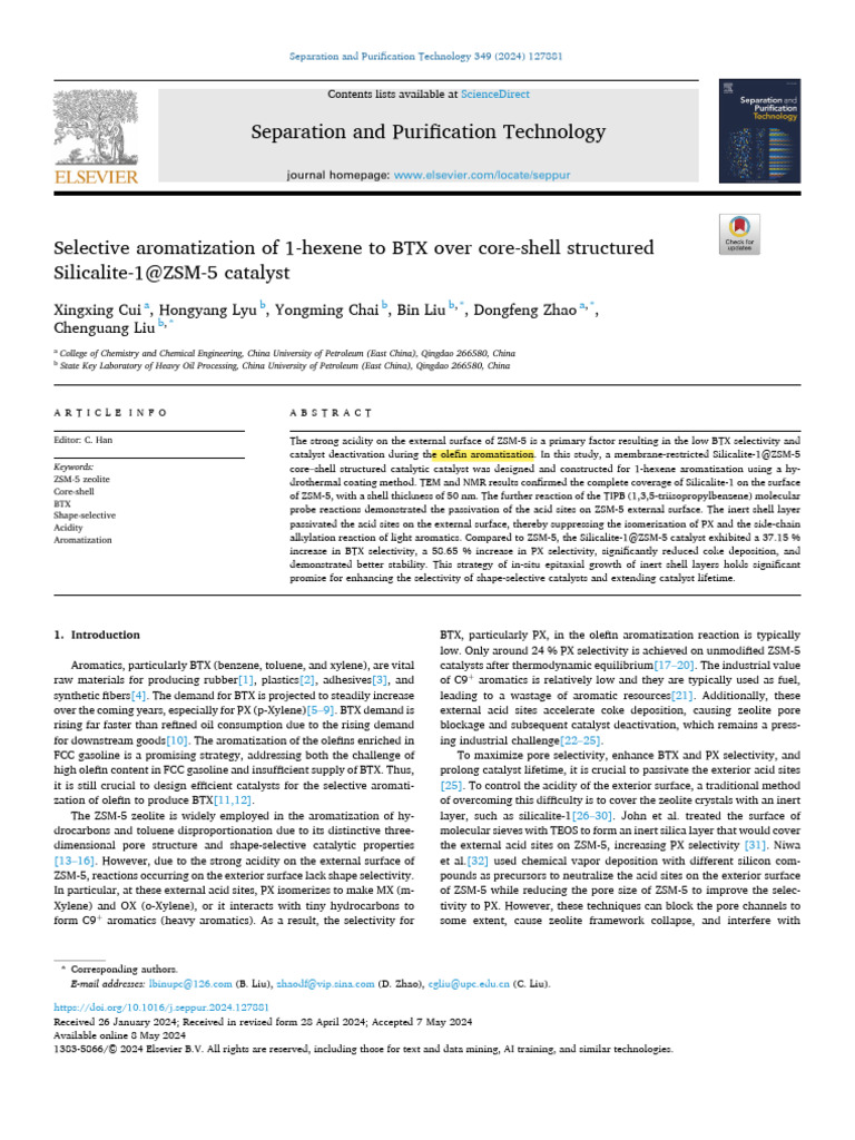 Selective Aromatization of 1-Hexene To BTX Over Core-Shell Structured | PDF | Zeolite | Cracking ...