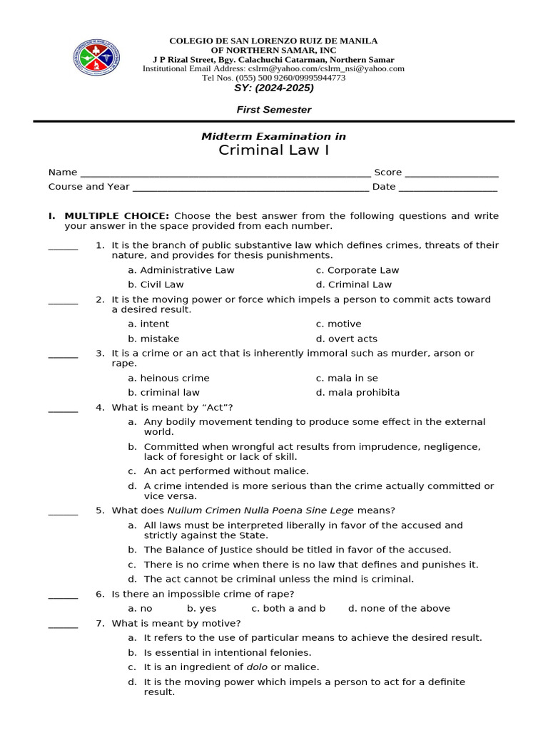 Midterm Exam (Criminal Law 1) Book 1 | PDF | Criminal Law | Crimes