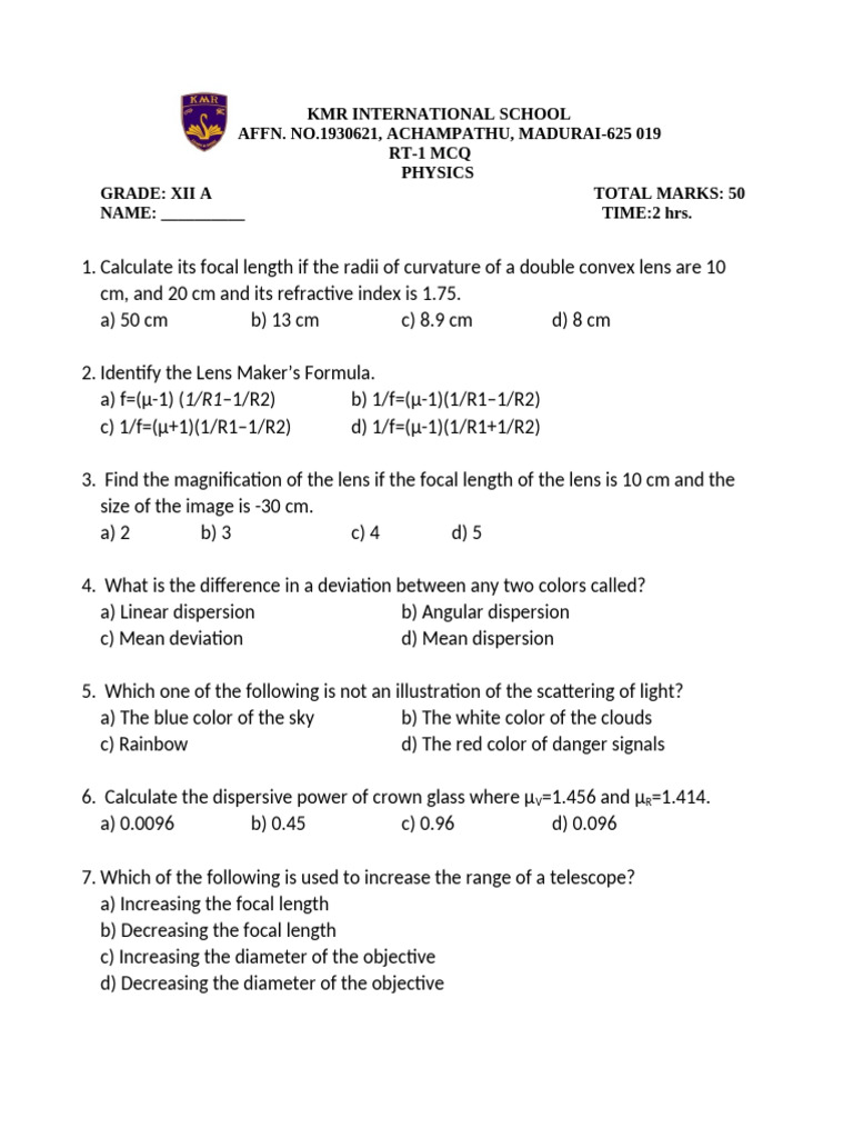 Mcq 2 Pdf Diffraction Coherence Physics