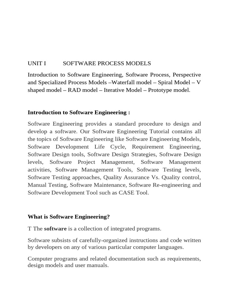 Unit I Se Pdf Software Development Process Software Testing 0421