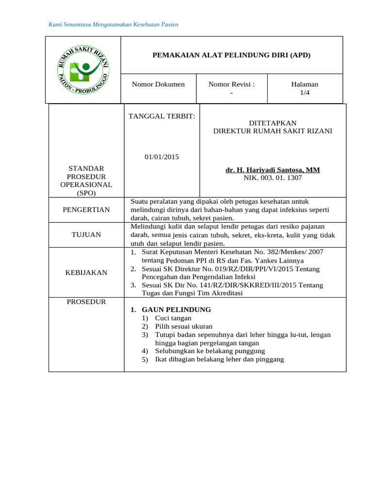 Spo Pemakaian Alat Pelindung Diri Ok | PDF