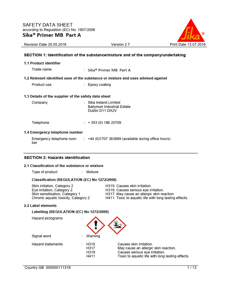 Sika® Primer MB Safety Data Part A | PDF | Toxicity | Occupational ...