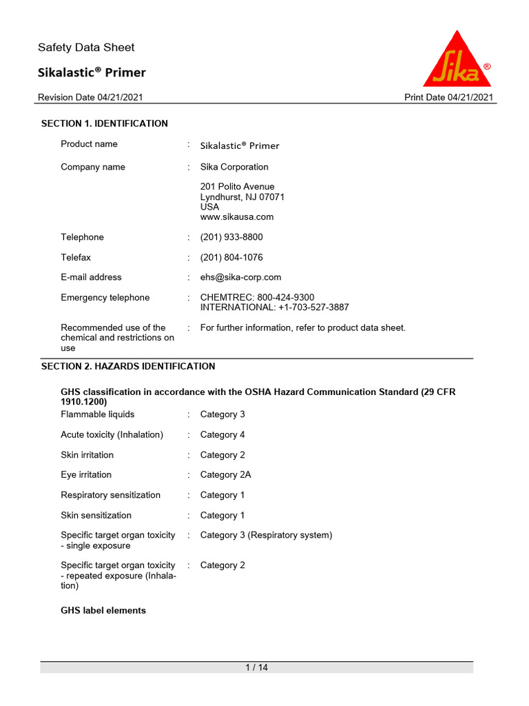 Sika Sikalastic Primer Sds | PDF | Toxicity | Safety