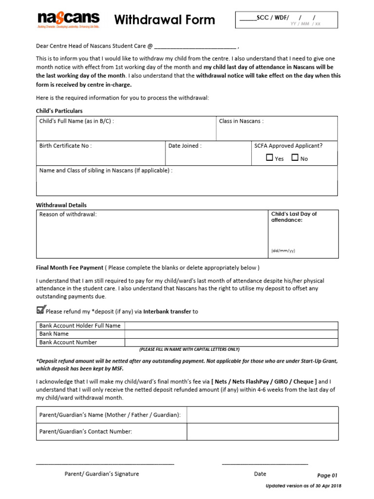 NASCANS STUDENT WITHDRAWAL FORM | PDF | Banks | Financial Services