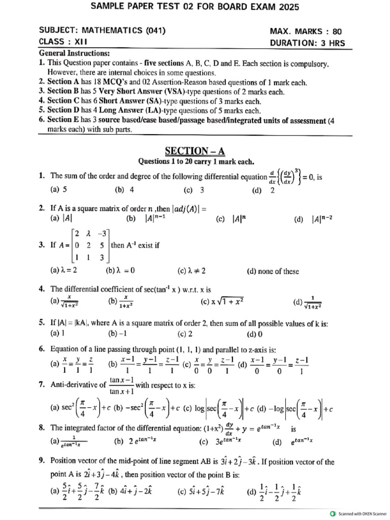 Maths Class Xii Sample Paper Test 02 For Board Exam 2025 QP | PDF