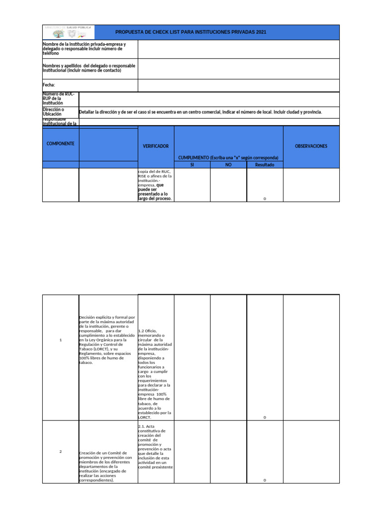Check List Evaluación Instituciones Privadas ELHT 2021 | PDF