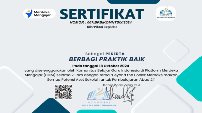 SERTIFIKAT Petrus Anwar Pauji BERBAGI PRAKTIK BAIK BEYOND THE BOOKS ASET SEKOLAH | PDF