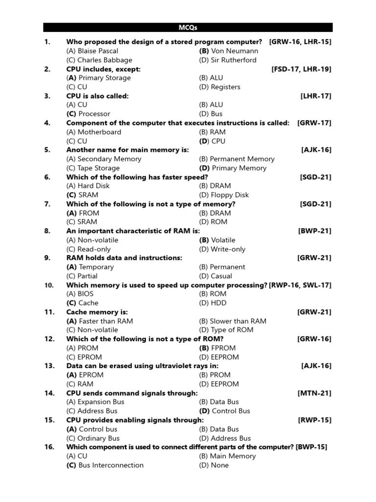 Chapter No.5 Past Paper MCQs, S and L Questions (1st Year) | PDF | Input/Output | Computer Data ...