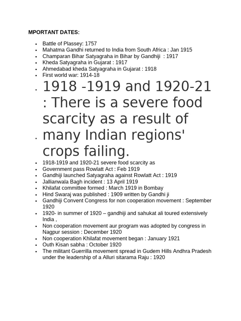 IMPORTANT DATES-SST Class 10 For All Chapters | PDF | Mahatma Gandhi ...