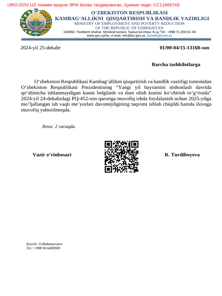 2025-Yil Uchun Ish Vaqti Me'yorlari | PDF