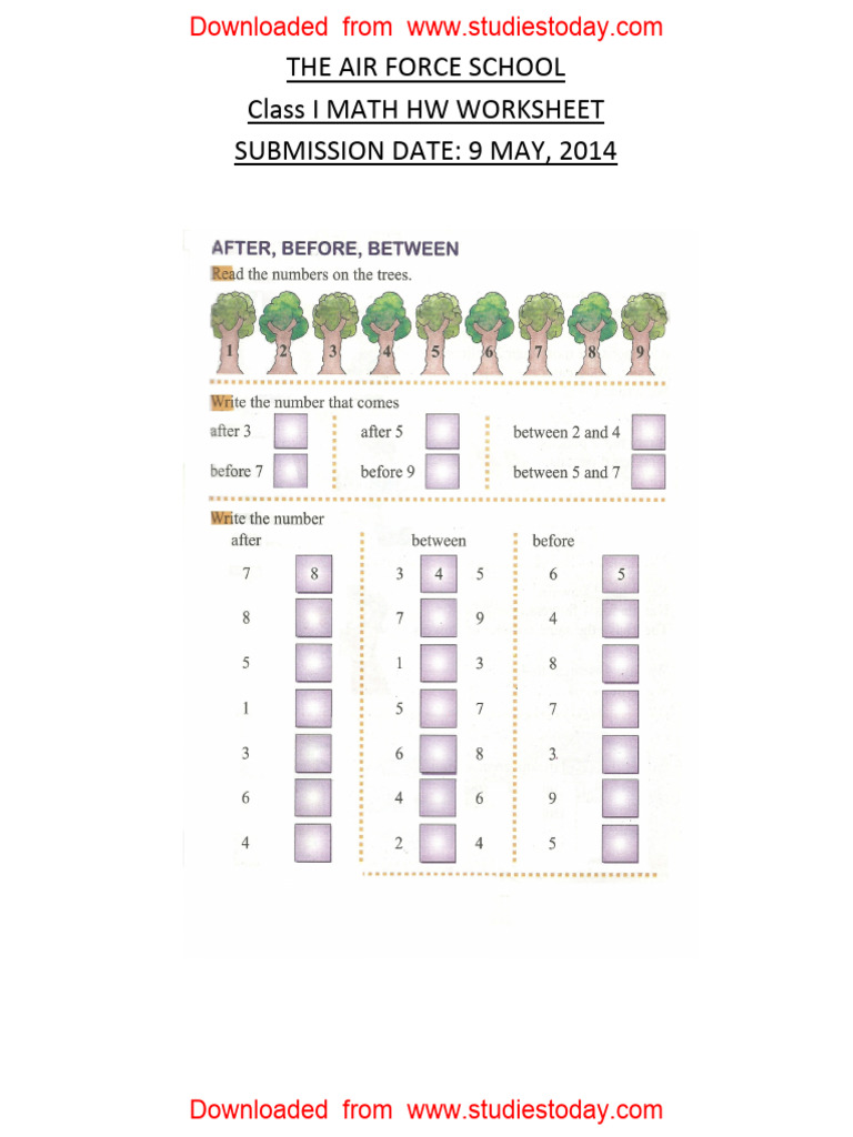 CBSE Class 1 Maths After Before Worksheet | PDF