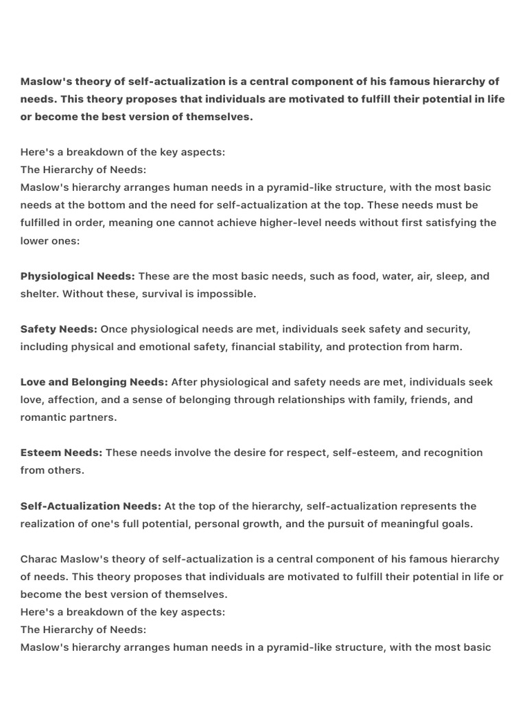 Maslow's Theory of Self-Actualization Is A Central Component of His ...