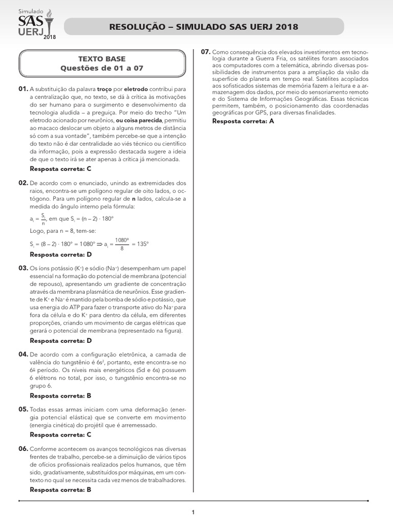 Simulado SAS UERJ EQ - 2018 - GABARITO | PDF | Potencial elétrico de membrana | Éster