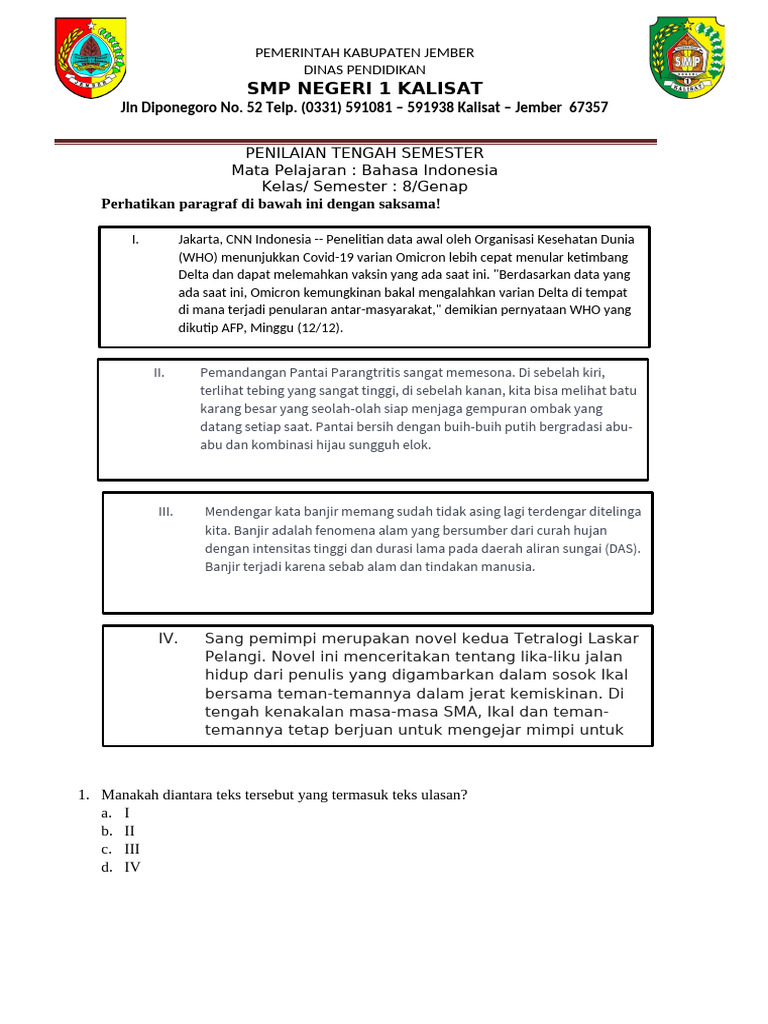 Soal PTS Genap 2024 Kelas 8 Pilihan Ganda | PDF