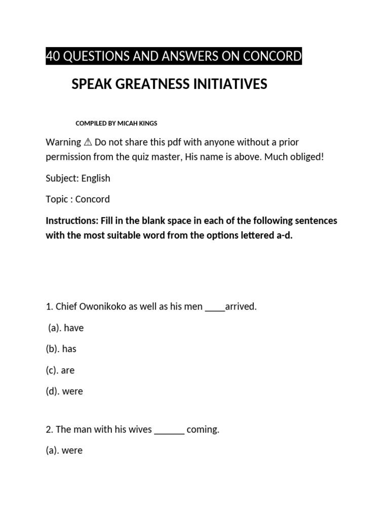 Concord Questions and Answers Quiz | PDF | Language Mechanics | Grammar