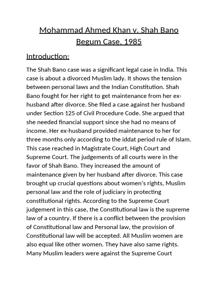 Mohammad Ahmed Khan V Shah Bano Begum Case | PDF | Justice | Crime ...
