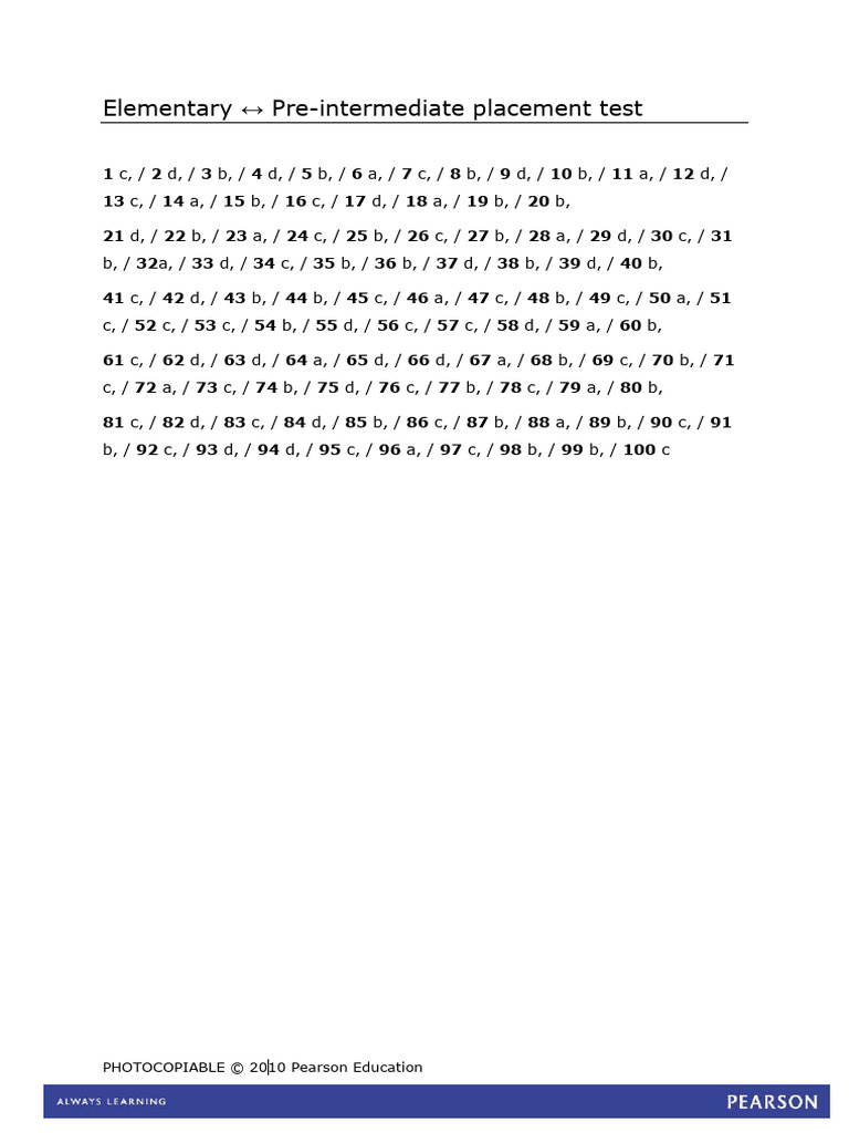Elem Pre Int Placement Test Key | PDF