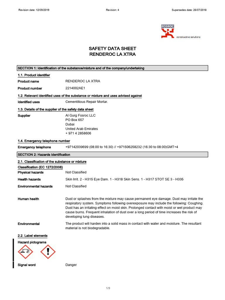 07 RENDEROC-LA-XTRA MSDS | PDF | Dermatitis | Dangerous Goods