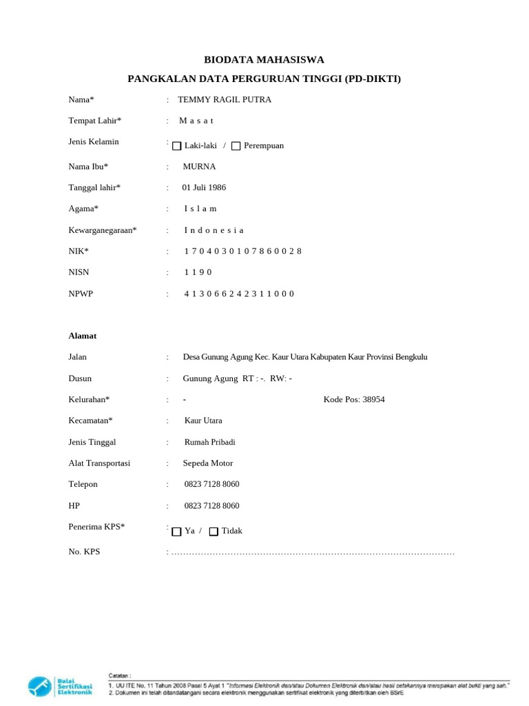 Biodata Mahasiswa Pd-Dikti Temmy RP | PDF