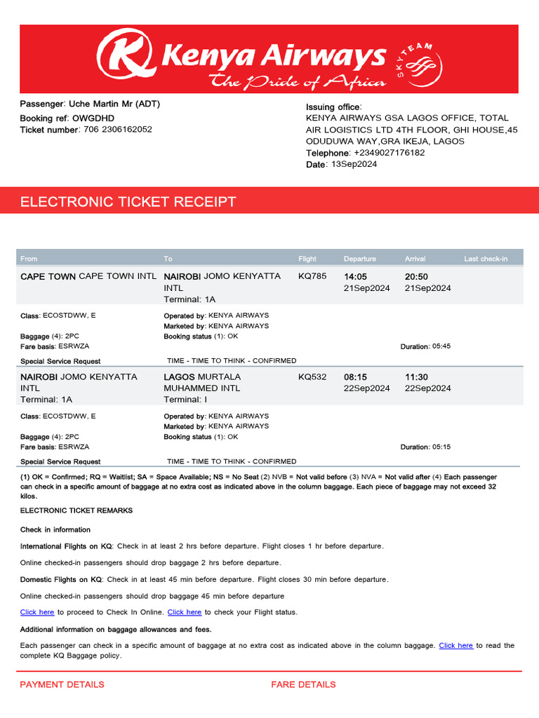 Kenya Airways E-Documents For MARTIN UCHE | PDF